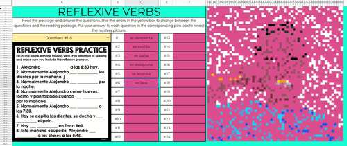 Reflexive Verbs Digital Spanish Reading Activity Mystery Picture Pixel Art