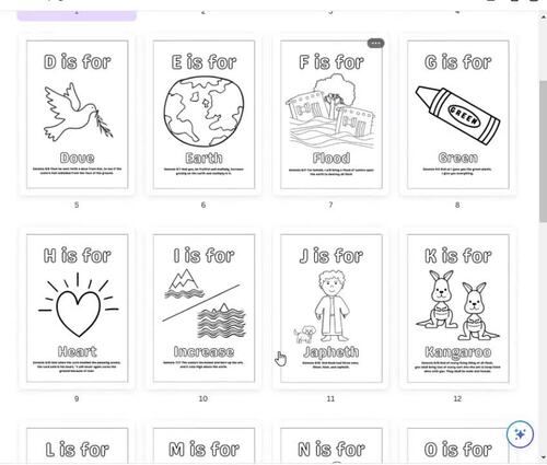 Alphabet Coloring Pages Noah's Ark Theme (US Letter, PDF, 27 pages)
