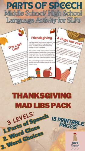 Thanksgiving & Fall Parts of Speech Silly Fills: Middle School Speech ...