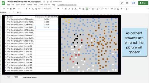 4th Grade Multiplication- Digital Pixel Art- Winter Snowman- GOOGLE SHEETS