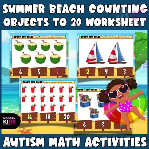 Summer Beach Counting Objects to 20 Worksheets - Autism Math Stations