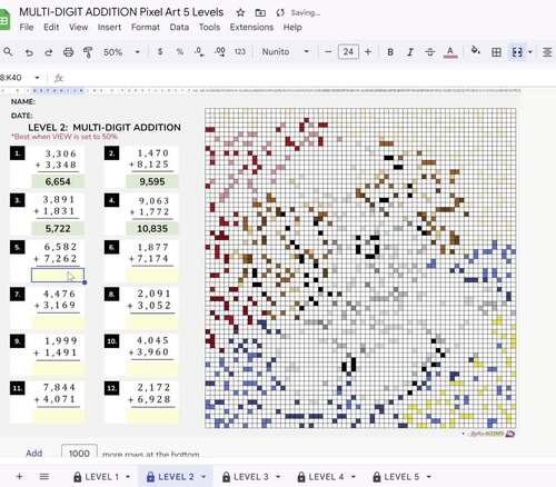 4 Digit Addition with Regrouping Digital Resource Pixel Art Math plus ...
