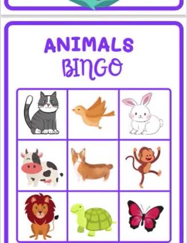 Animals Bingo in English - Pets, wild animals, sea animals and farm animals