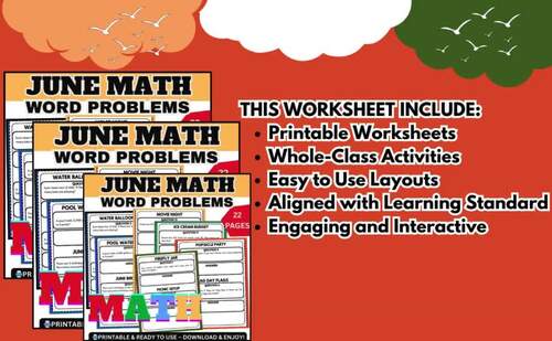 June Math Word Problem Worksheet Activities, 5th 6th 7th 8th Grade