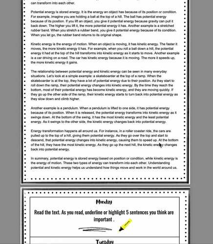 Potential & Kinetic Energy 5-Day Bellringer | Reading Passage & Science