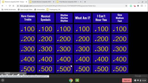 Distance Learning Interactive Beginner Musical Jeopardy - Google Slides