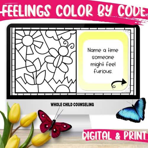 Naming Feelings Color by Code FLOWERS Spring Digital and Printable Activity