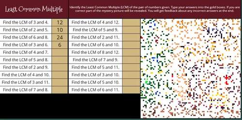 Least Common Multiple Christmas Math Pixel Art LCM Mystery Picture Activity