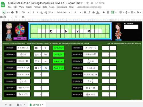 Google Sheets Digital Game Show Solving Inequalities by Algebra Accents