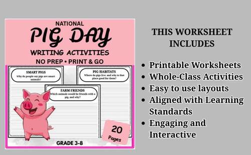 National Pig Day Writing Prompts – 20 Farm Animal Prompts (Grades 2–8)