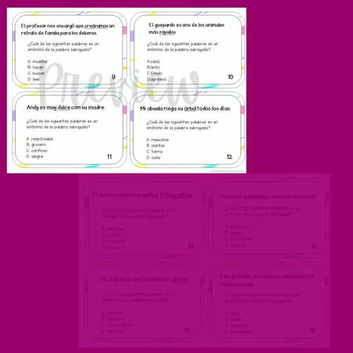 Tarjetas de Tareas de Sinónimos y Antónimos Práctica de Vocabulario