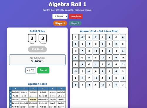Algebra Roll 1 Game Print and Digital Web Game, Solve Linear Equations ...