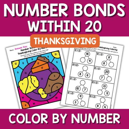 Number Bonds to 20 Thanksgiving Theme Color by Number 2nd Grade Math No ...