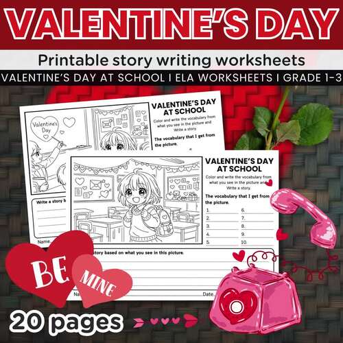 Valentine’s Day at School Story Writing Prompt Worksheets, Vocabulary ...