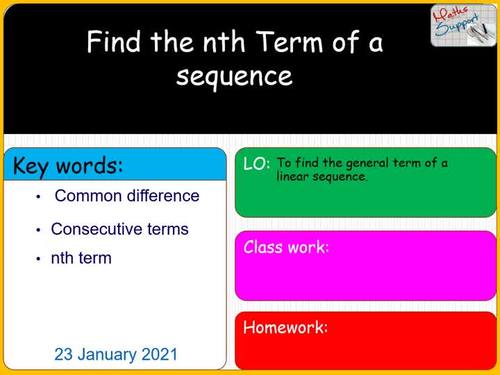 Finding the nth term of a linear sequence by Maths Support Centre