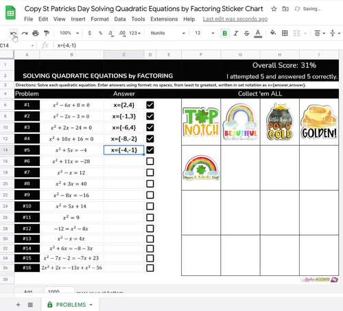 St. Patrick's Day Solving Quadratic Equations by Factoring DIGITAL ...