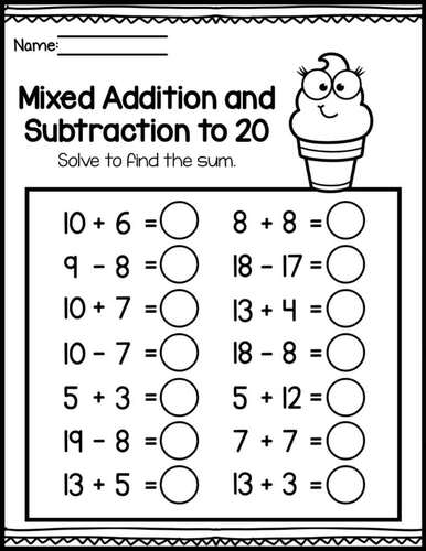 Mixed Addition and Subtraction to 20 Worksheets by Kidz Learning Studio