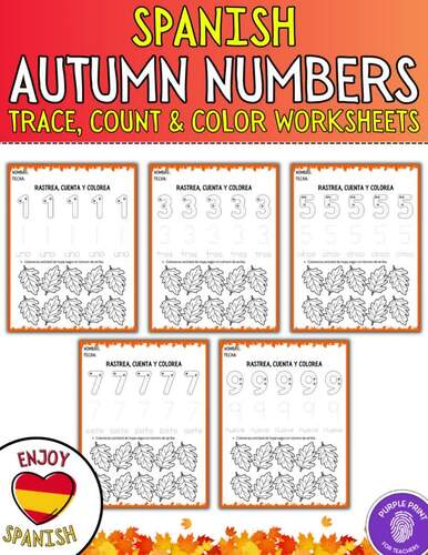 SPANISH Fall Numbers Worksheet: Trace, Count, and Color 1-10 with ...