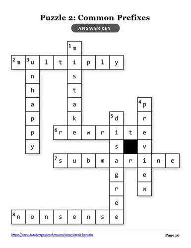 Prefixes, Suffixes & Word Roots English ELA Crossword Puzzle With Word Bank