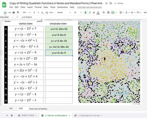 Digital Resource Pixel Art Quadratic Equations | Vertex Form to ...