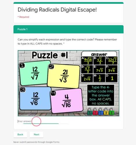 Dividing Radicals w/ Rationalizing the Denominator Digital Math Escape Room