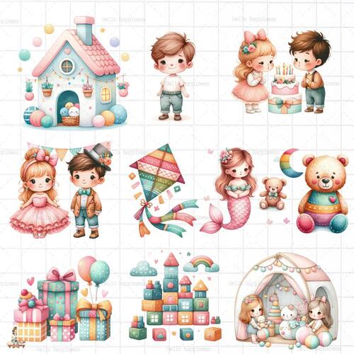 Watercolor Birthday Clipart, for Kid, boy and girl, pastel color