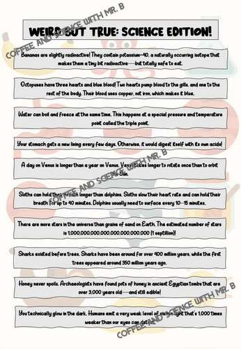 Weird Science Facts - Fun Printable Worksheets by Coffee and Science ...