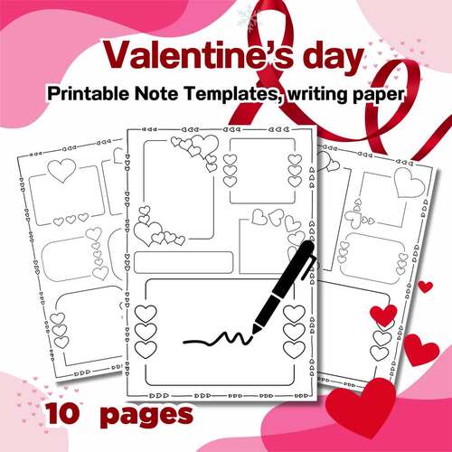 Valentines Day Note Templates, Printable Blank Writing Paper, Paper ...