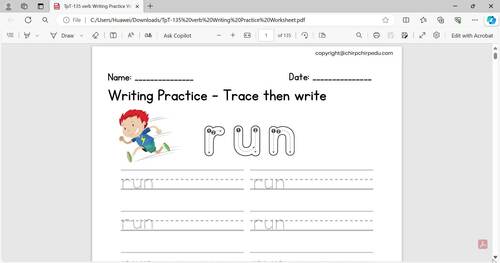 No prep action verb picture, handwriting worksheet and tracing booklet ...
