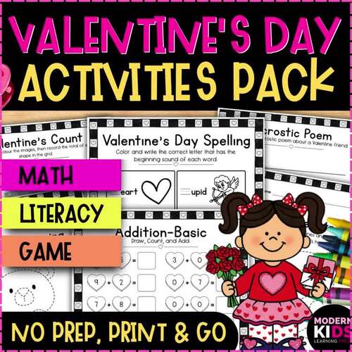 Valentines Day No Prep Math & Literacy ELA Activities Worksheets, K ...