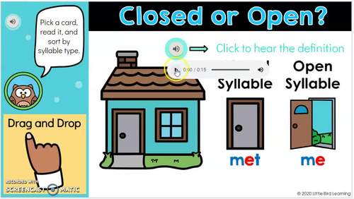Open and Closed Syllables Digital Read and Cover | Digital Sorting Activity