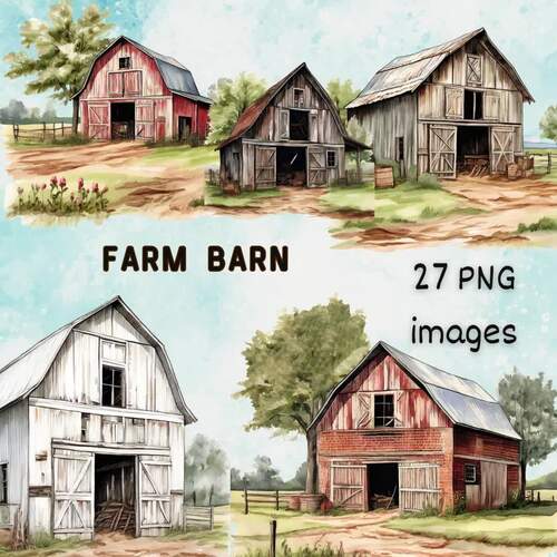Watercolor Farm House Clip Art Set, Farm Barn High Quality PNG ...