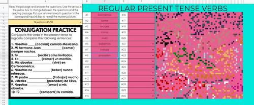 Regular Present Verbs Reading Comprehension Mystery Picture | Spanish ...