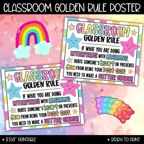 Pastel Rainbow Star Classroom Golden Rule Poster, Behavior Expectation ...