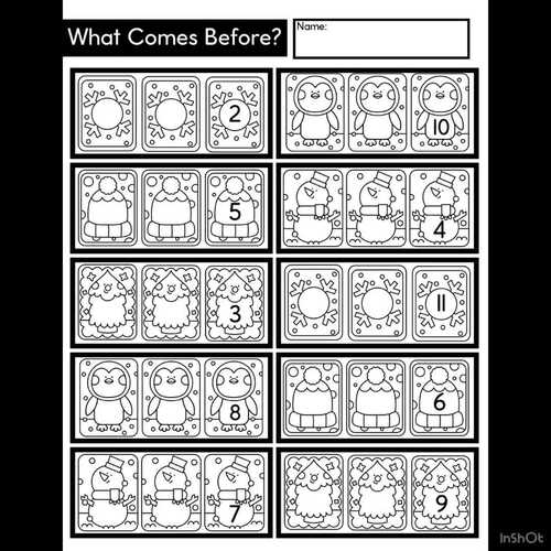 Before and After Numbers 0-20 Worksheets | Winter Theme | Kindergarten Math