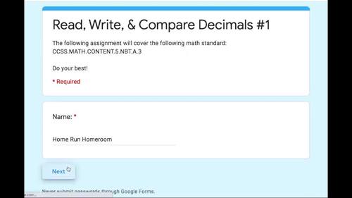 Read, Write, & Compare Decimals Google Classroom™ Digital Quiz Set