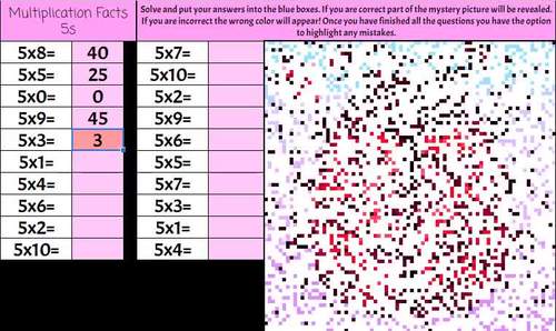 Multiplication Facts 5s Valentines Day Math Pixel Art Mystery Picture