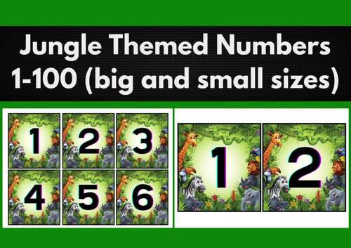 Numbers 1-100 Jungle themed (big and small) Printables Flashcards
