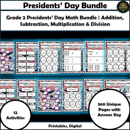 Grade 2 Presidents Day Math Bundle Addition Subtraction Multiplication ...