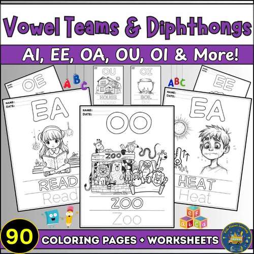 Phonics Coloring Pages | Vowel Teams & Diphthongs with Word Lists & Charts