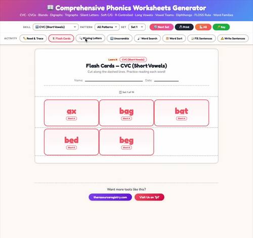 Phonics Worksheet Generator PREMIUM | K-2 | 1,800+ Words | 15 Skills