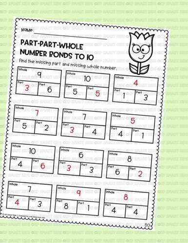 Spring Number Bonds to 10 Worksheets Missing Part & Whole Kindergarten ...