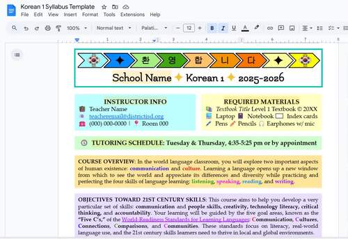 Korean Syllabus - Editable Templates by Llamaritza's Teaching Adventures