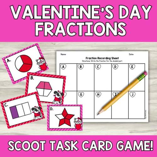 Valentine's Day Fractions Scoot Game Task Cards 2nd 3rd Grade Math Center