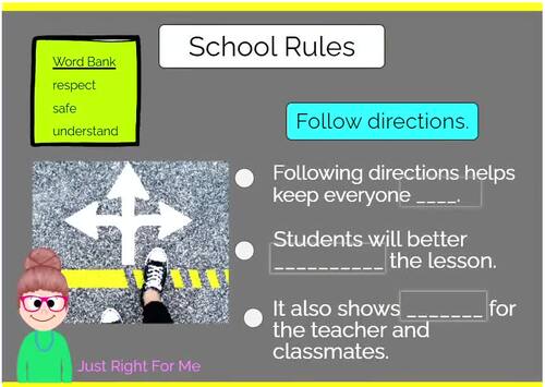 School Rules Fill-in-the-Blank Boom Cards Deck by Just Right For Me