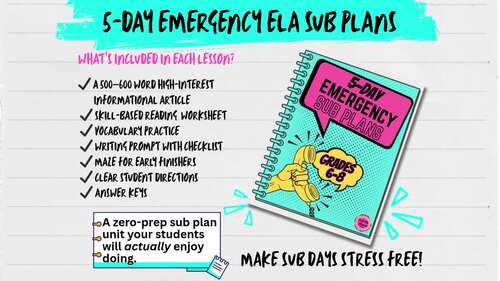 Middle School ELA Emergency Sub Plans Fun Reading Lesson Plans 6th 7th ...