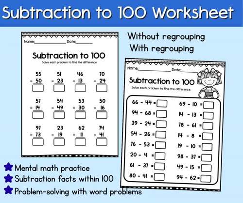 Subtraction Within 100 With And Without Regrouping Worksheets | TPT