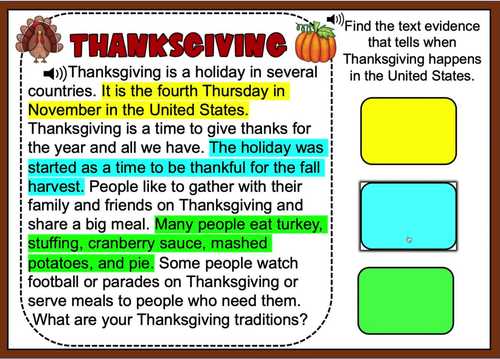 Thanksgiving Finding Text Evidence Task Cards Digital Reading Boom Cards