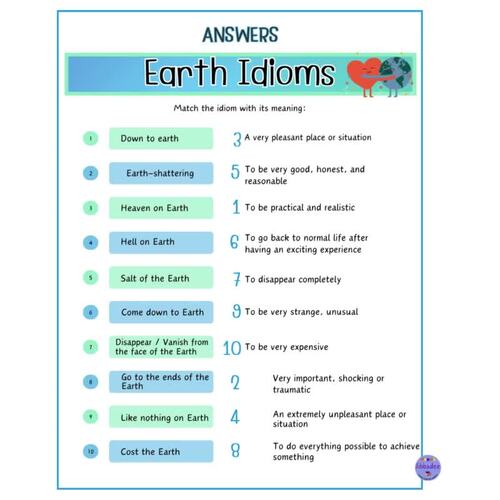 Idioms worksheets & memory game (Earth), 4th - 12th grades, homeschool ...