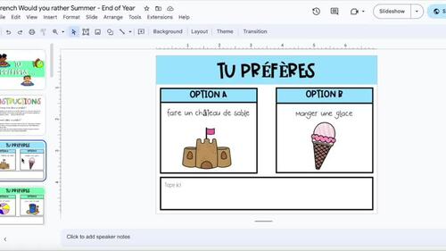Summer activities French Would you rather | Tu préfères GOOGLE SLIDES